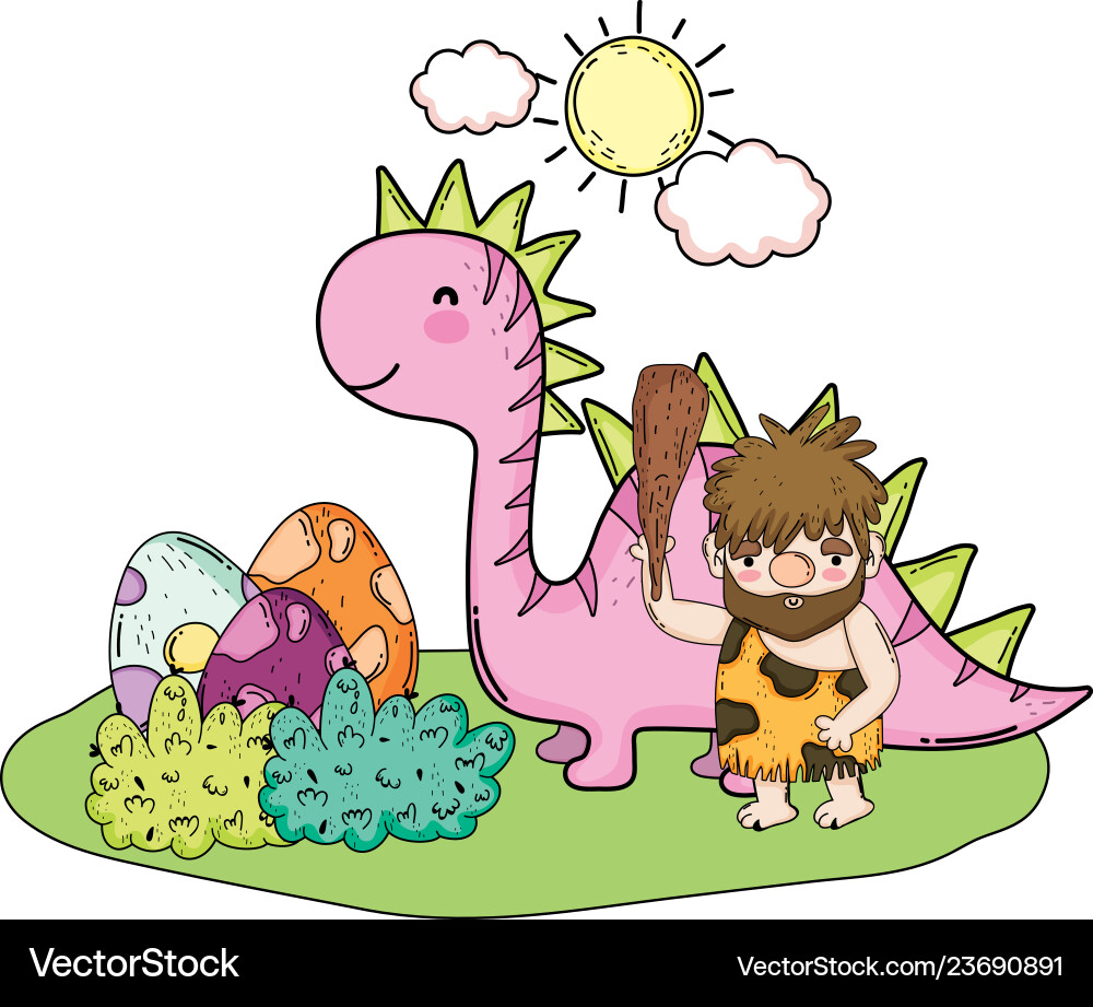 Caveman with dinosaur in the landscape Royalty Free Vector