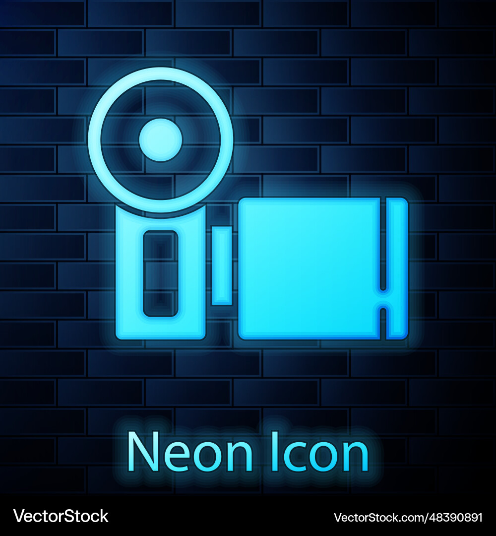 Glowing neon cinema camera icon isolated on brick Vector Image