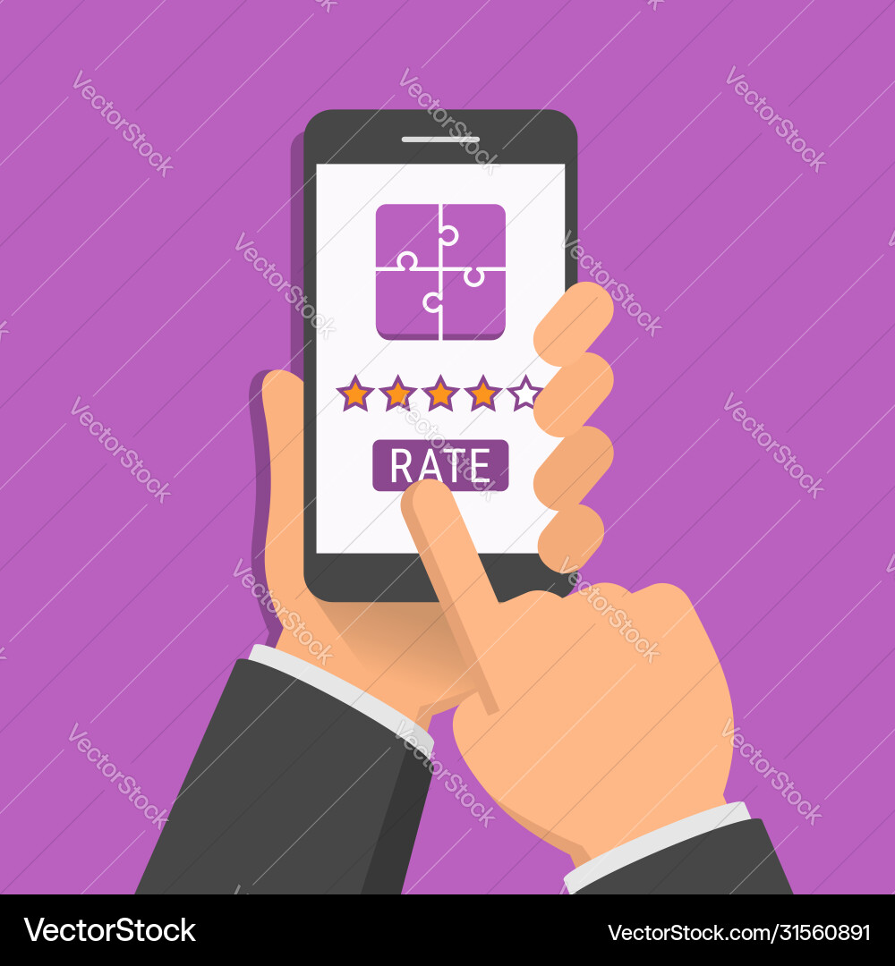 Rating mobile app one hand holds smartphone Vector Image