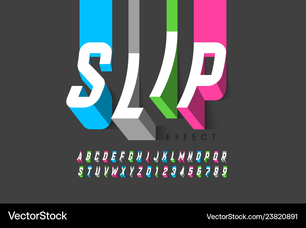 Slipping effect font alphabet letters and numbers Vector Image
