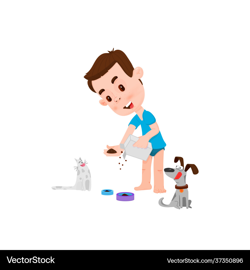 Boy feeding pet cat flat character cartoon style Vector Image