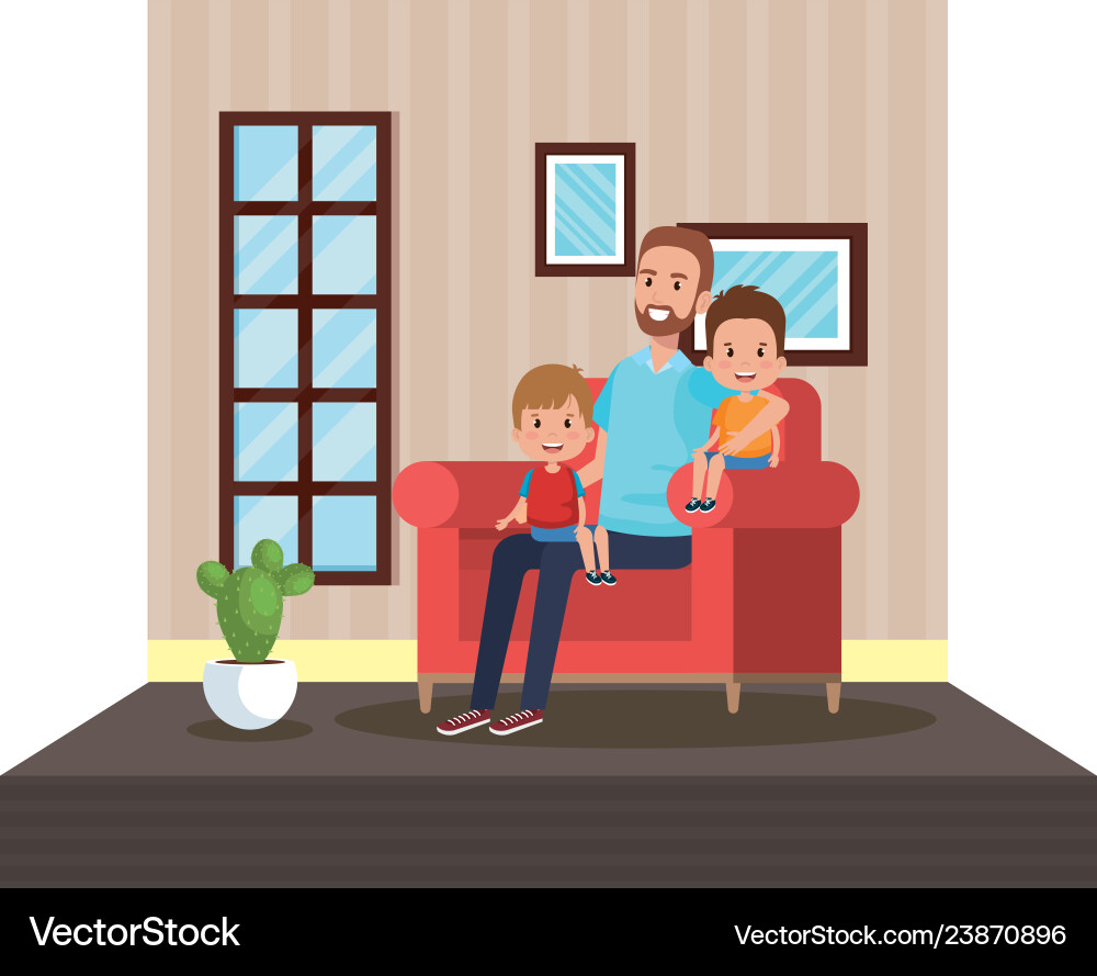 Father with sons in livingroom Royalty Free Vector Image