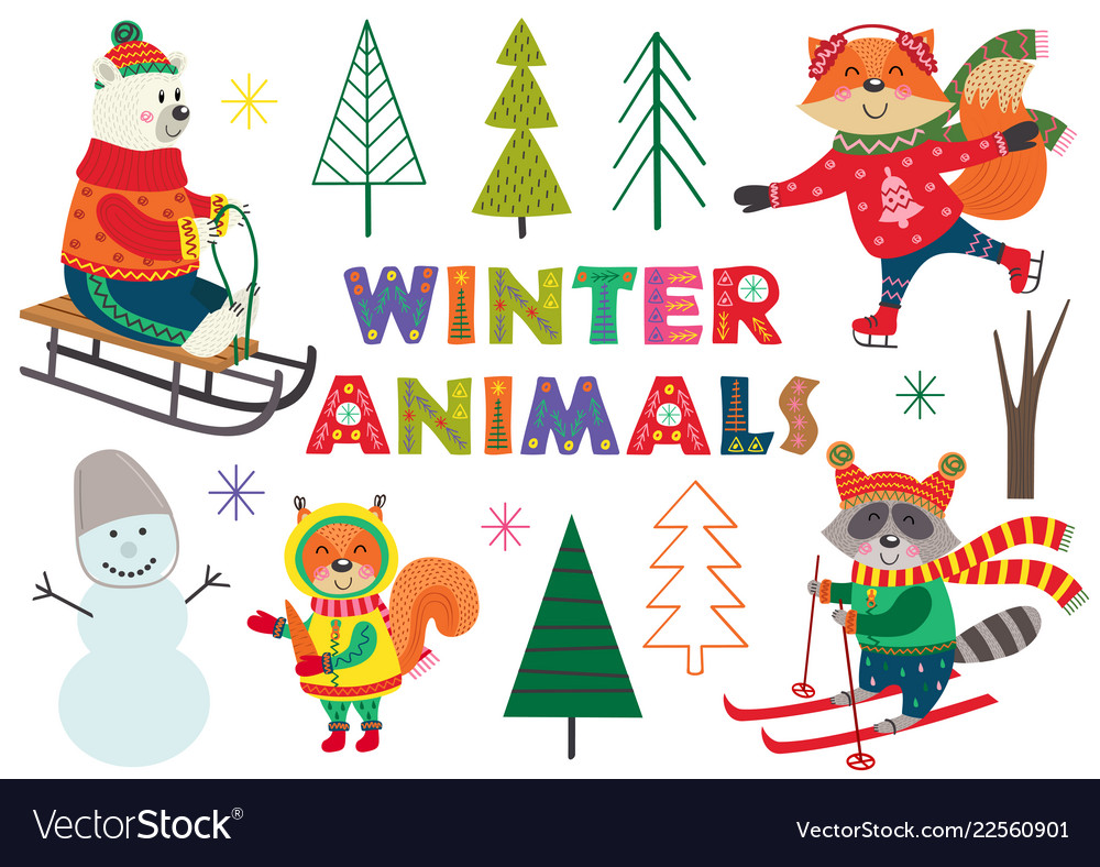 Set of isolated winter fun with animals part 1 Vector Image