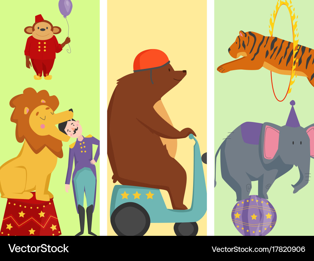 Circus funny animals cheerful cards design Vector Image