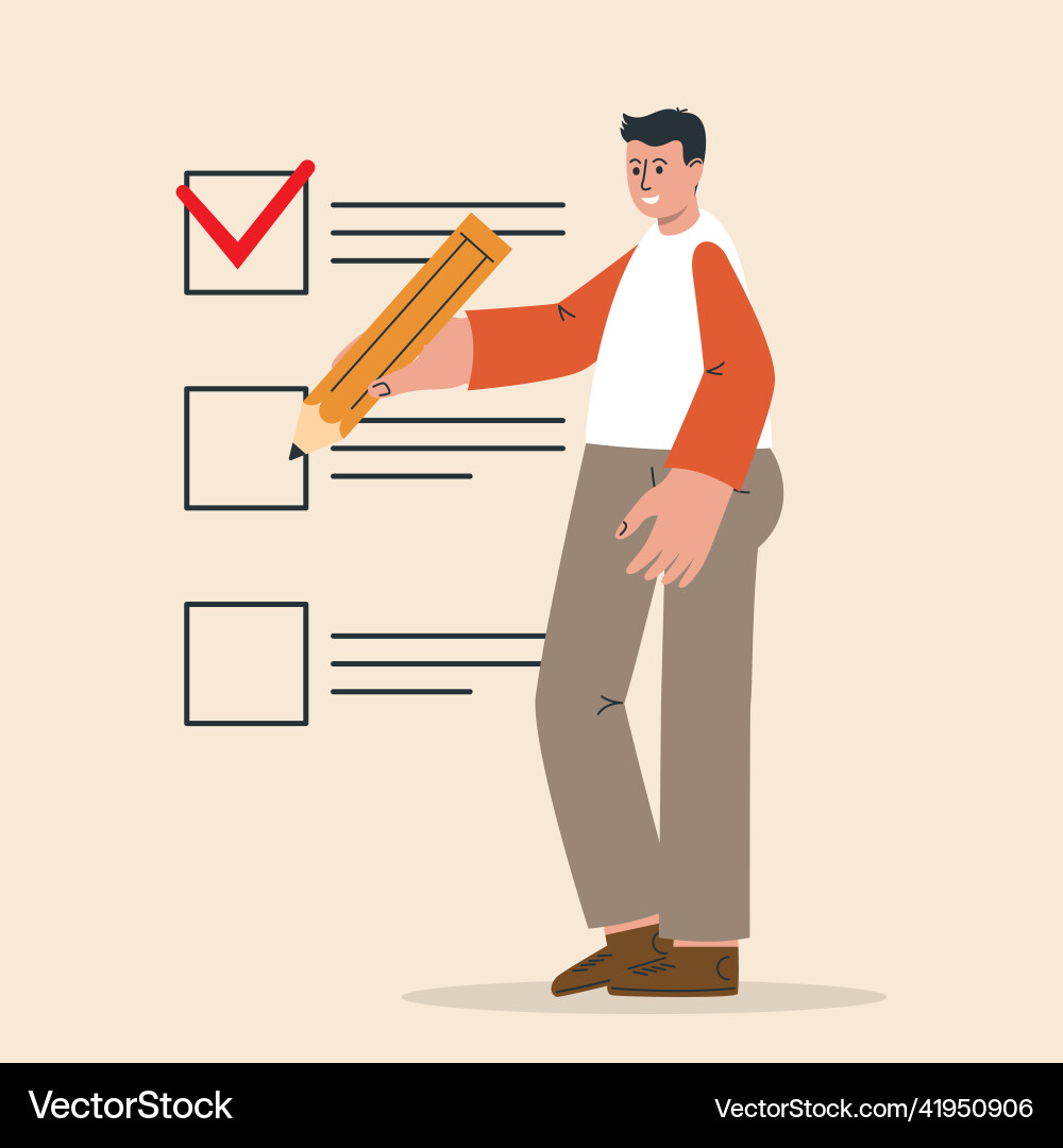 Man holding pencil putting check mark in checkbox Vector Image