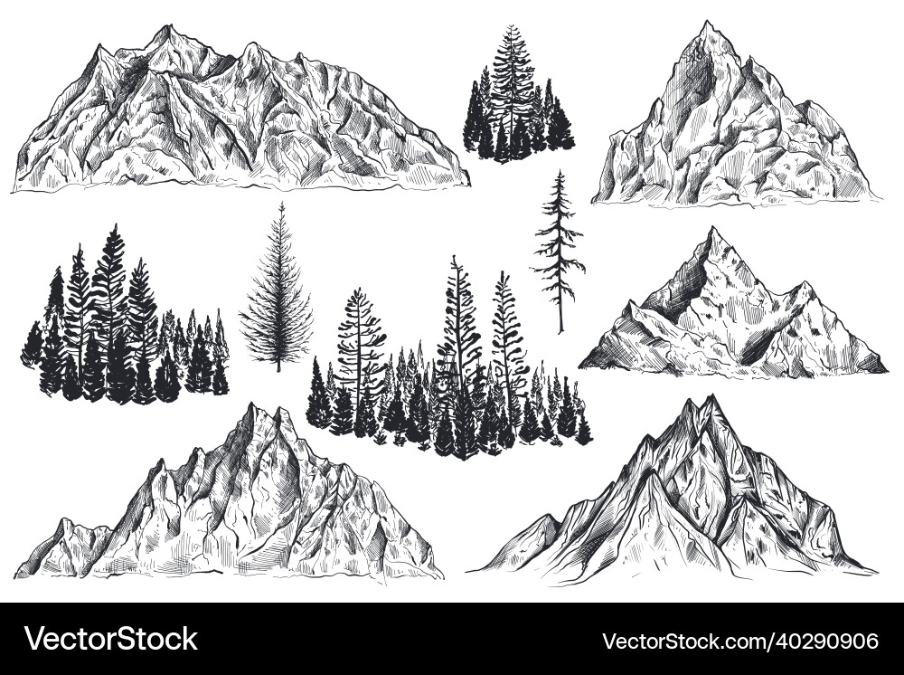 Set of hand drawn graphic mountain ranges Vector Image