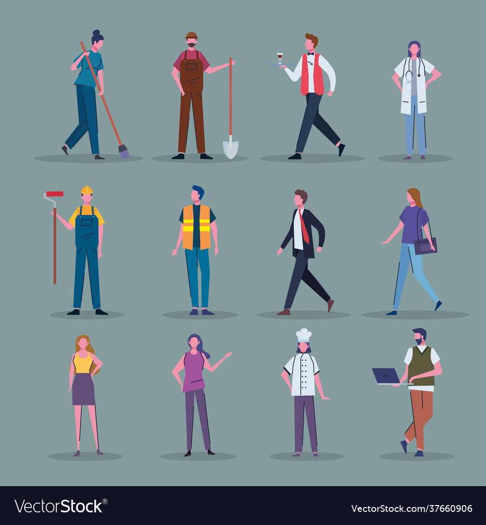 Twelve professionals workers Royalty Free Vector Image