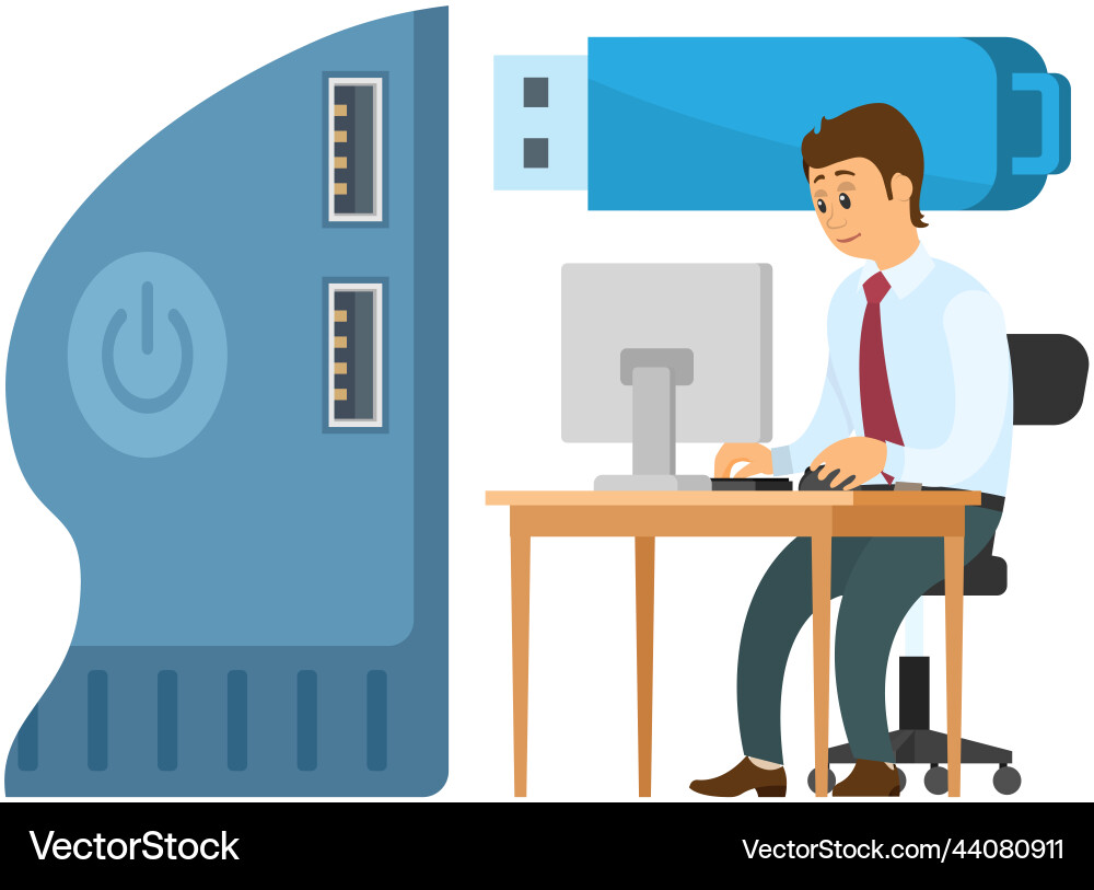 Businessman choosing port to insert cable and usb Vector Image