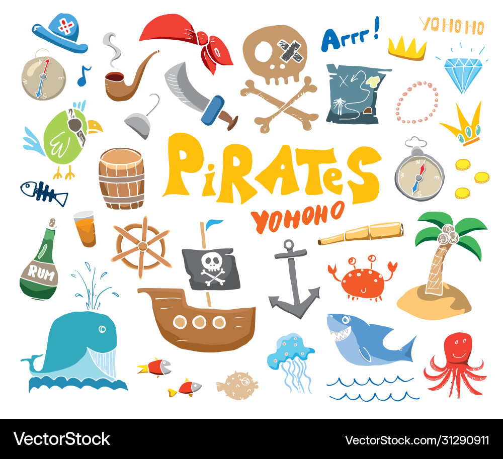 Pirate doodles set cute pirate items sketch Vector Image