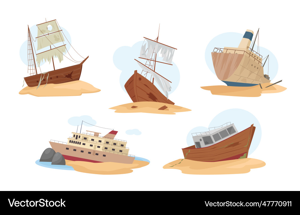 Sunken pirate and cargo ships set wreck Royalty Free Vector