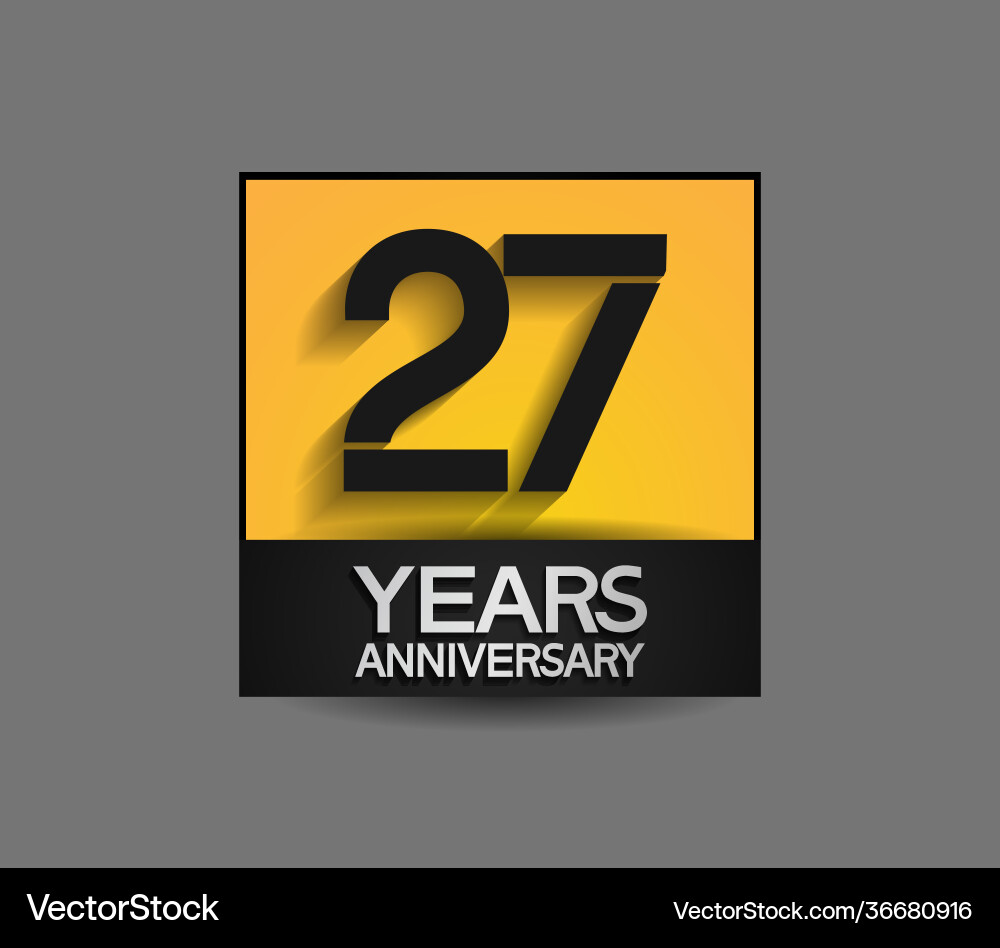 27 years anniversary in square yellow and black Vector Image