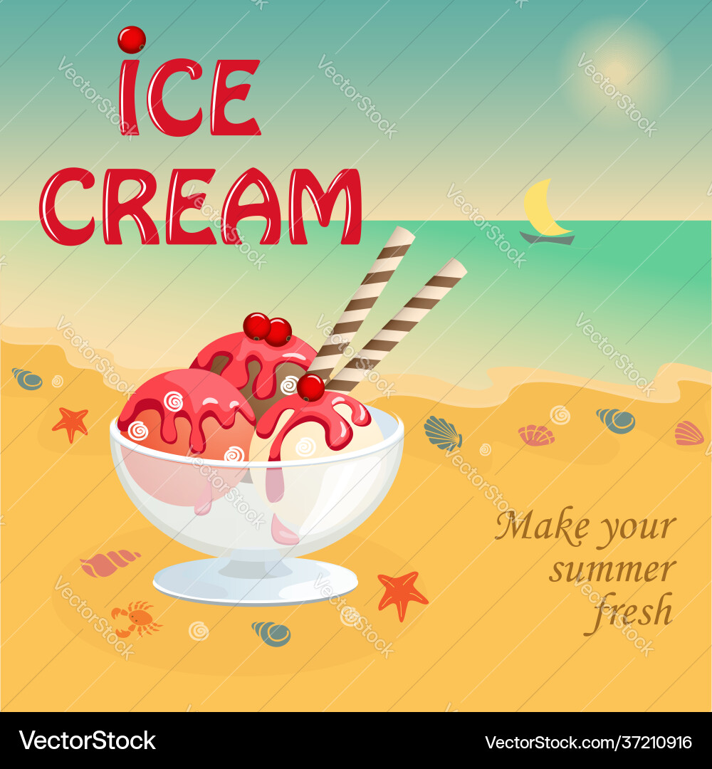 Banner with summer ice cream on beach Royalty Free Vector