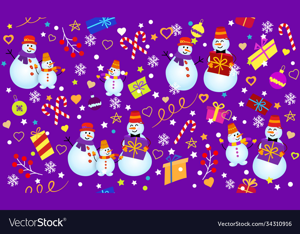 Winter pattern with snowmen snowflakes and gifts Vector Image