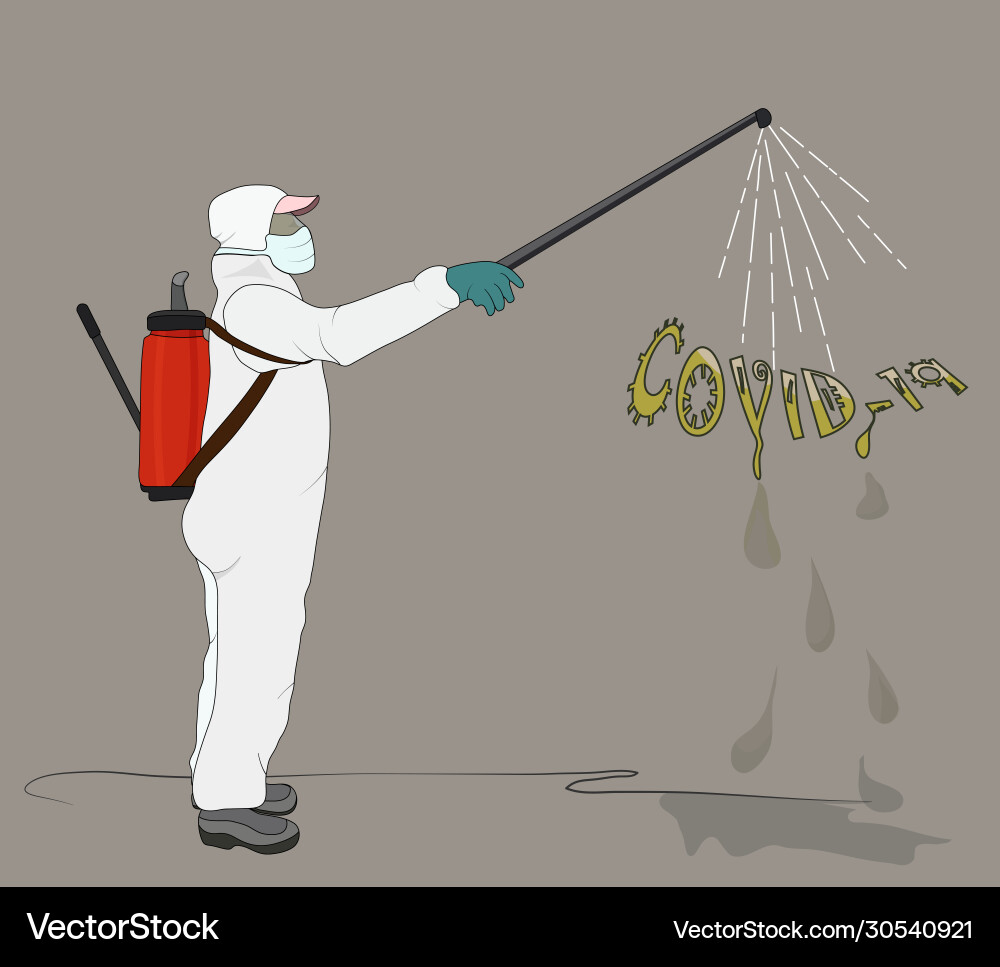 A person in an antiviral suit with an atomizer Vector Image