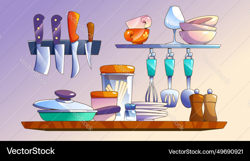 Cartoon wooden kitchen shelf with utensil Vector Image