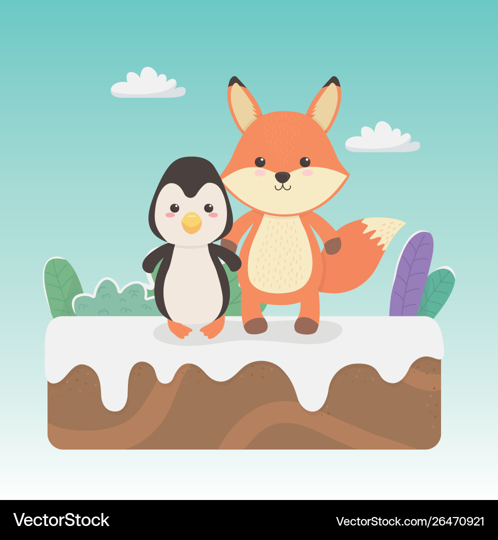 Cute and little penguin and fox in field Vector Image