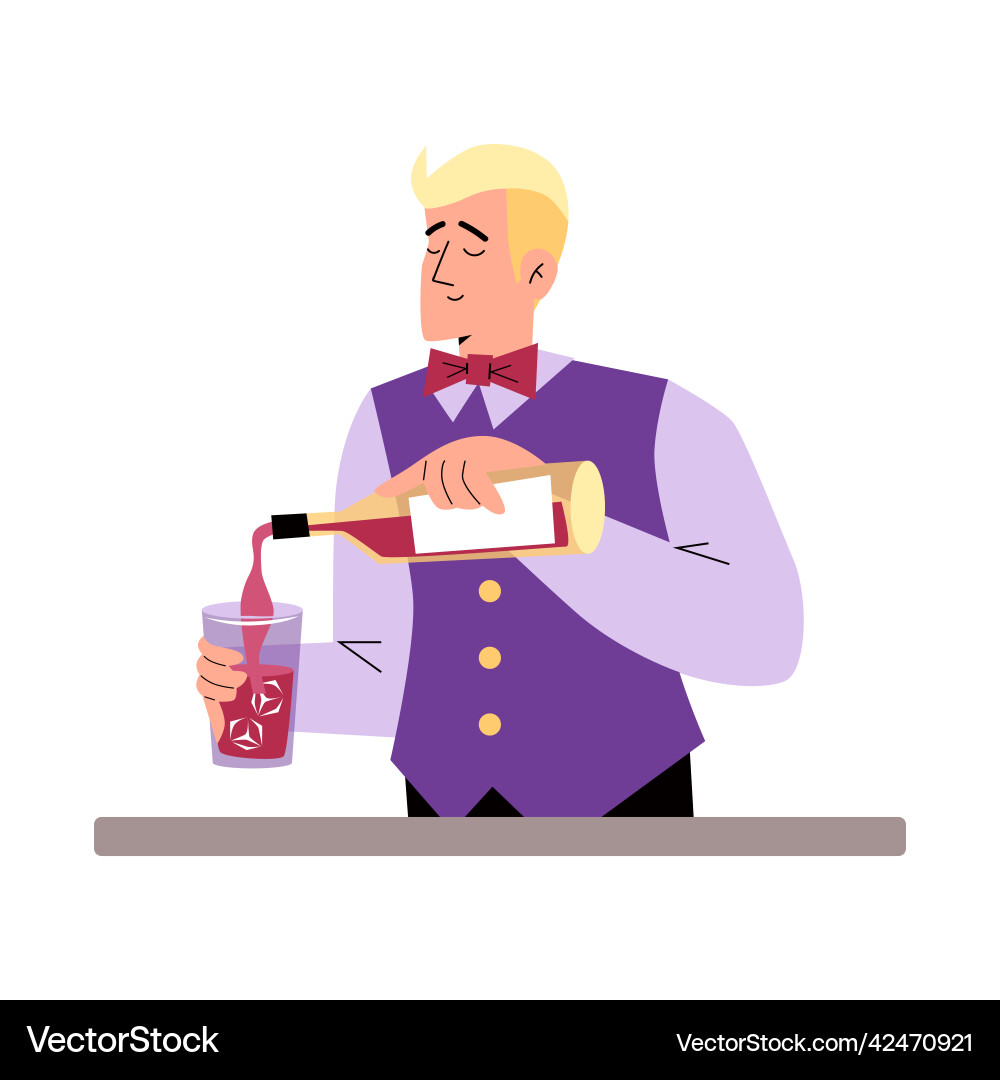 Man bartender pours wine flat Royalty Free Vector Image