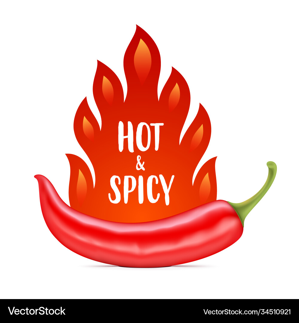 Red pepper with fire flames and hot and spicy text
