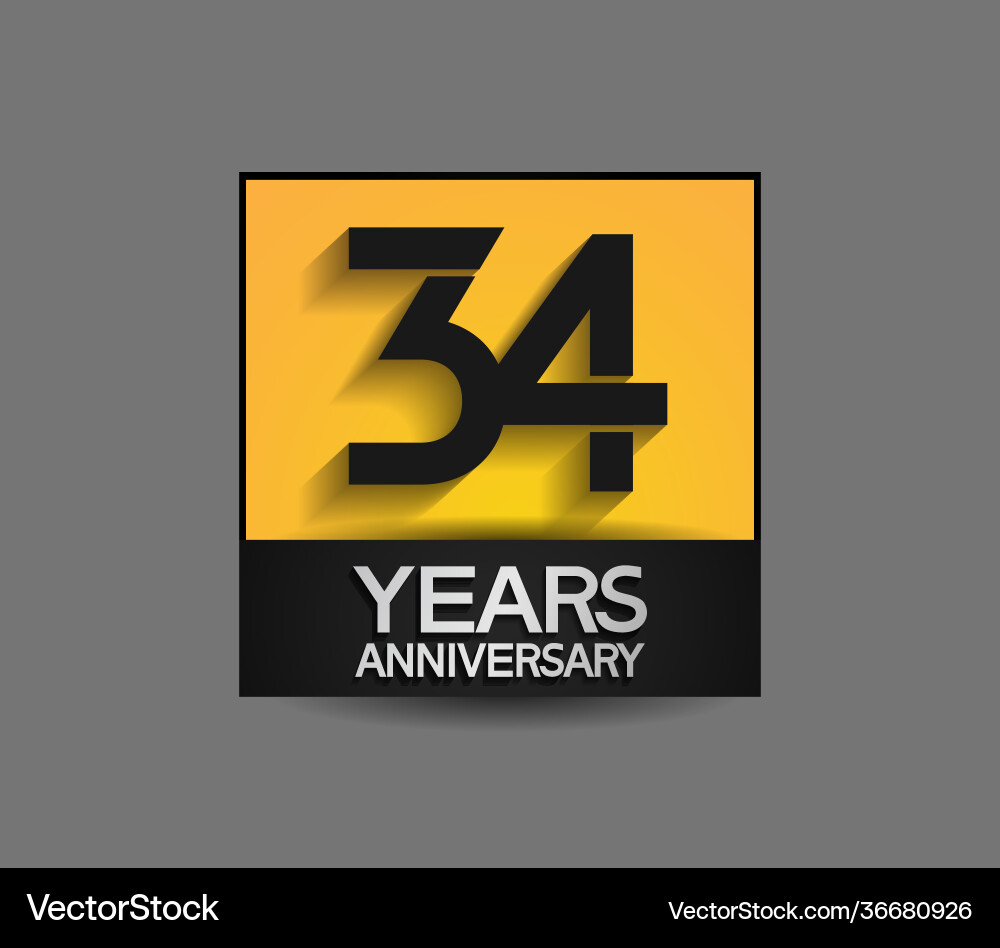 34 years anniversary in square yellow and black Vector Image
