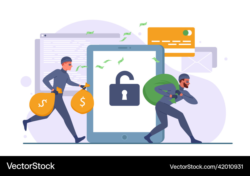 Bank account hacking with thiefs running with bag Vector Image