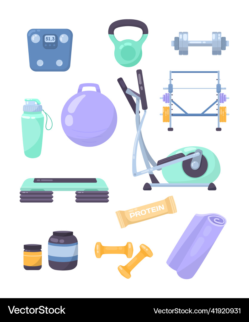 Equipment for gym workout cartoon set Royalty Free Vector