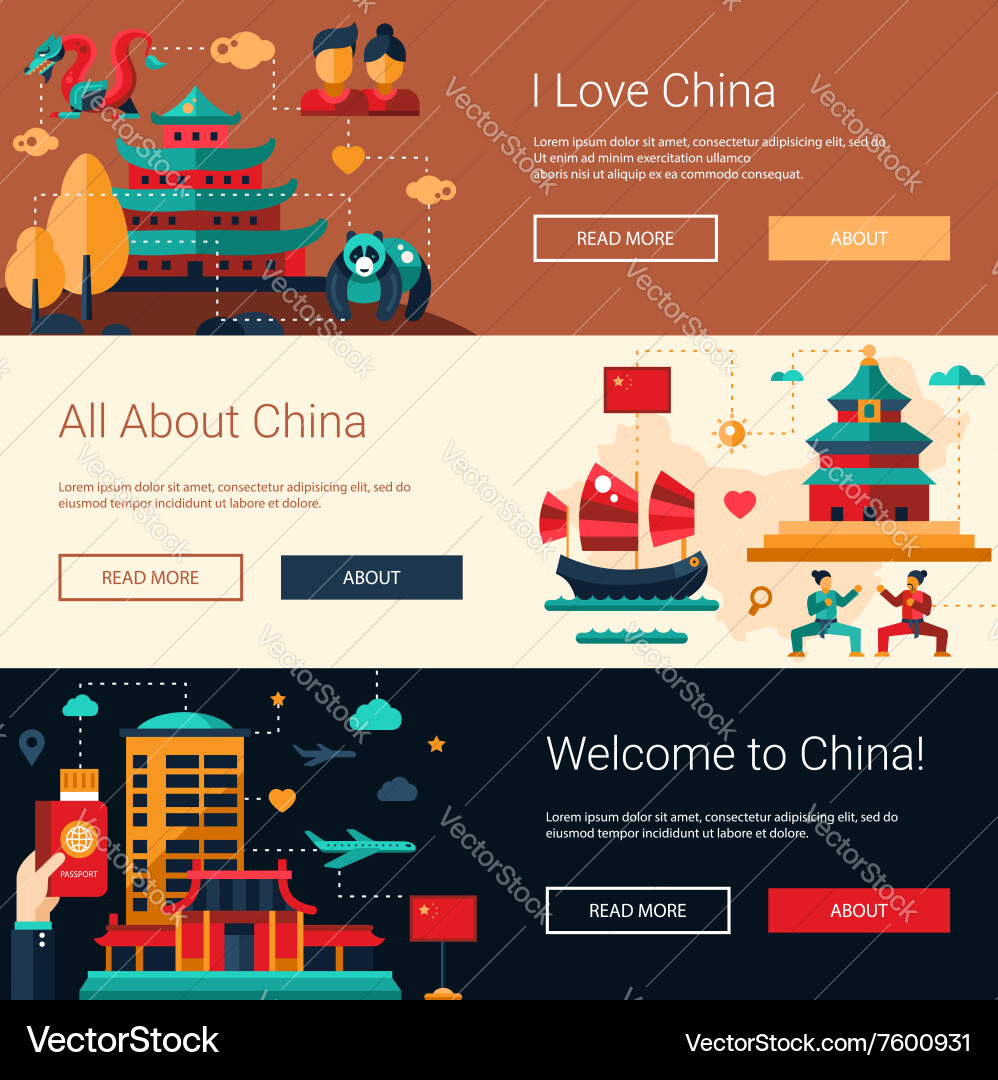 Flat design China travel banners set with famous Vector Image