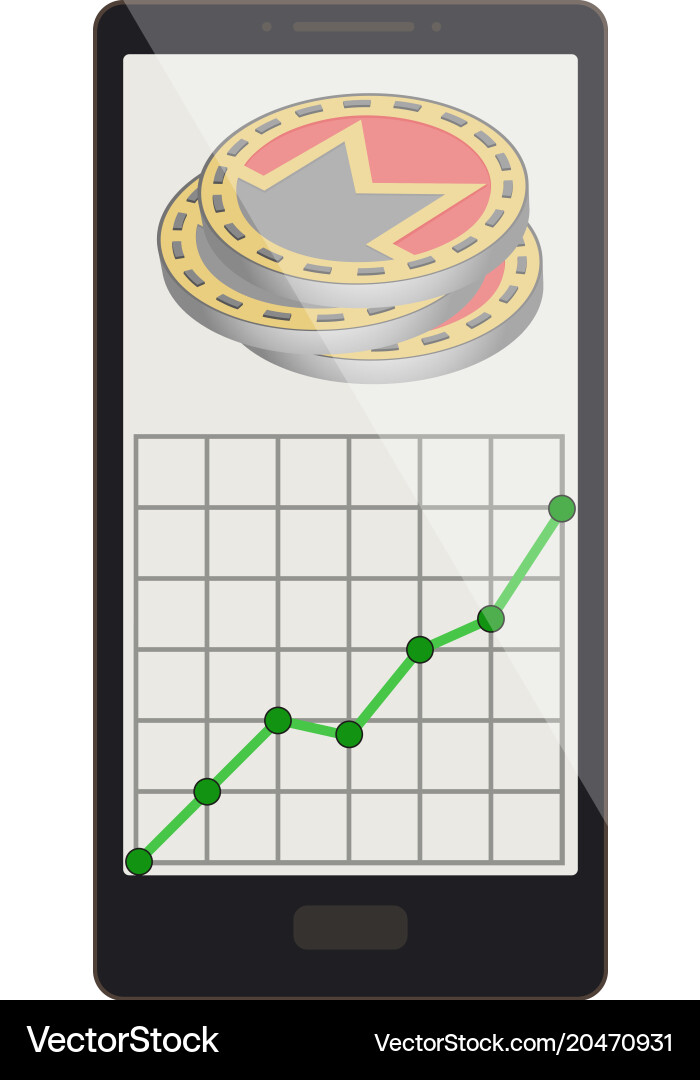 Monero coins with growth graph on a phone screen Vector Image