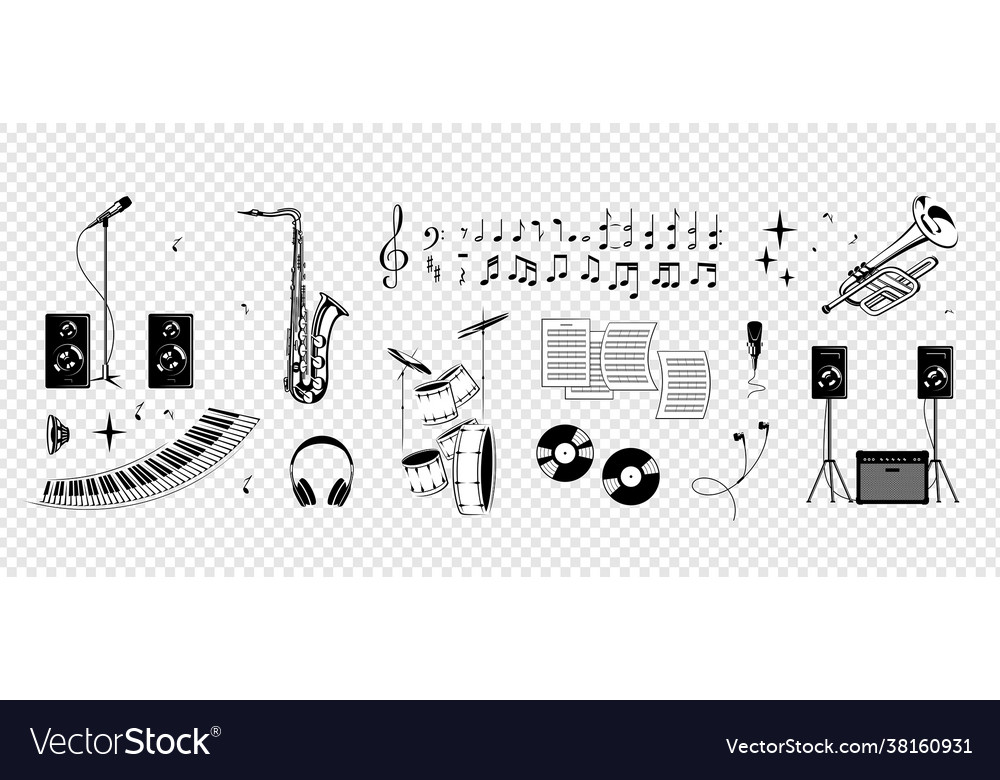 Set - notes musical instruments sound Royalty Free Vector