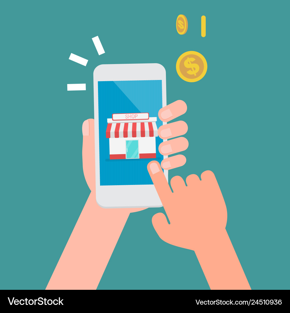 Hands click to shopping icon on smartphone Vector Image