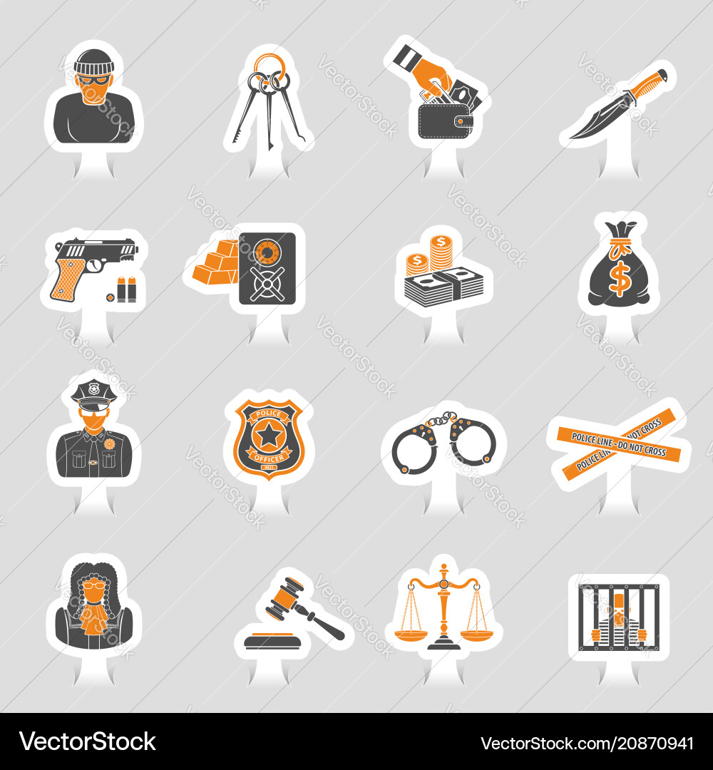 Crime and punishment icons sticker set Royalty Free Vector