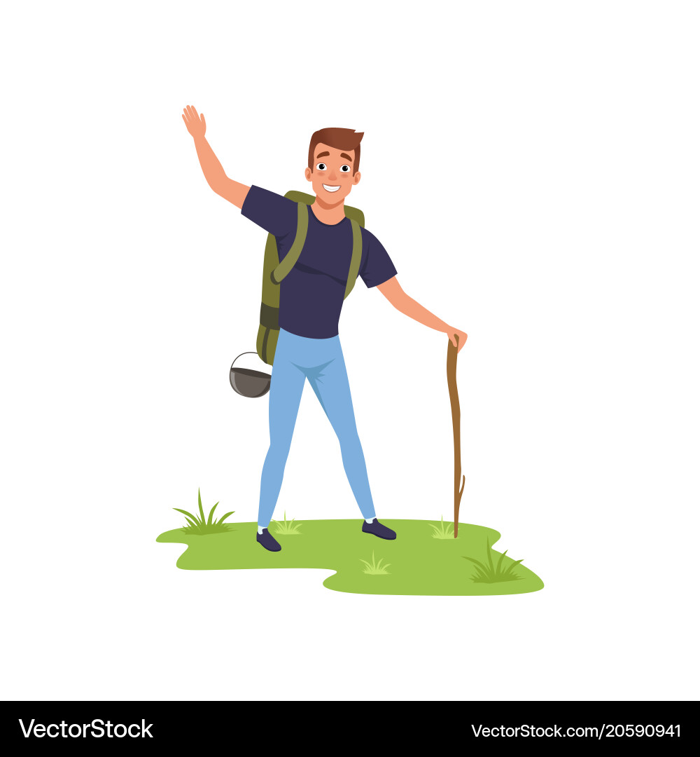 Smiling man standing with backpack and stuff Vector Image