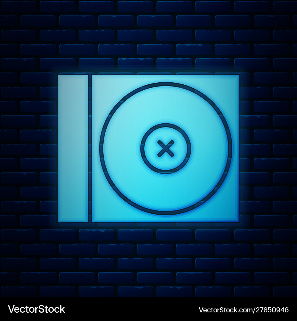 Glowing neon cd or dvd disk icon isolated on brick