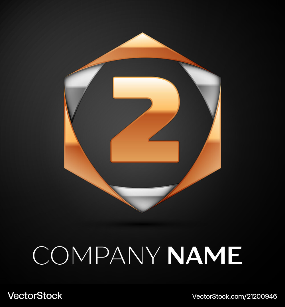 Gold number two logo in golden-silver hexagonal Vector Image