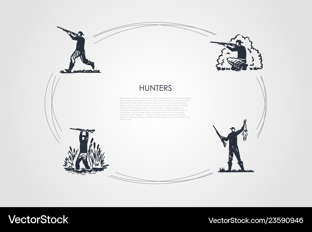 Hunters - men with gun shooting in forest Vector Image