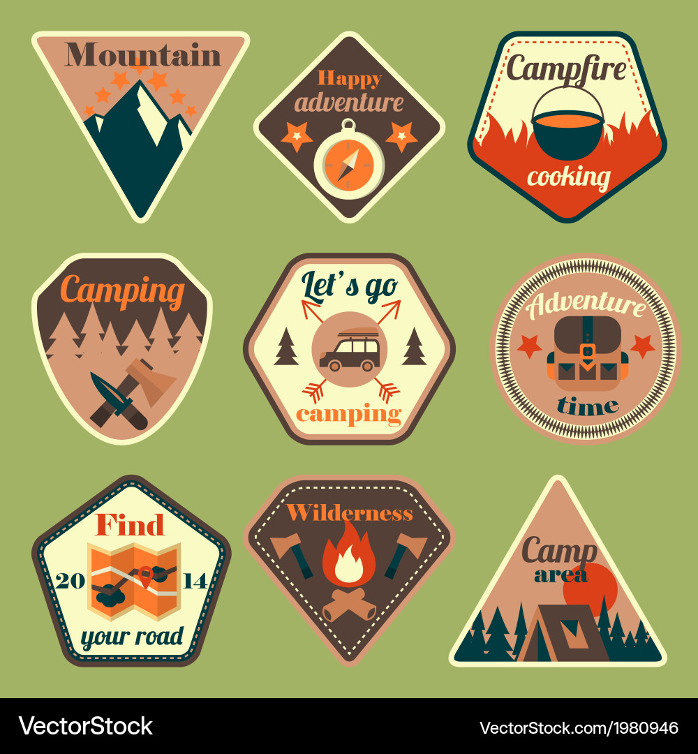 Outdoors tourism camping flat badges set Vector Image