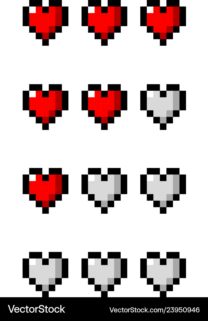 Pixel art life hearts red set - isolated Vector Image