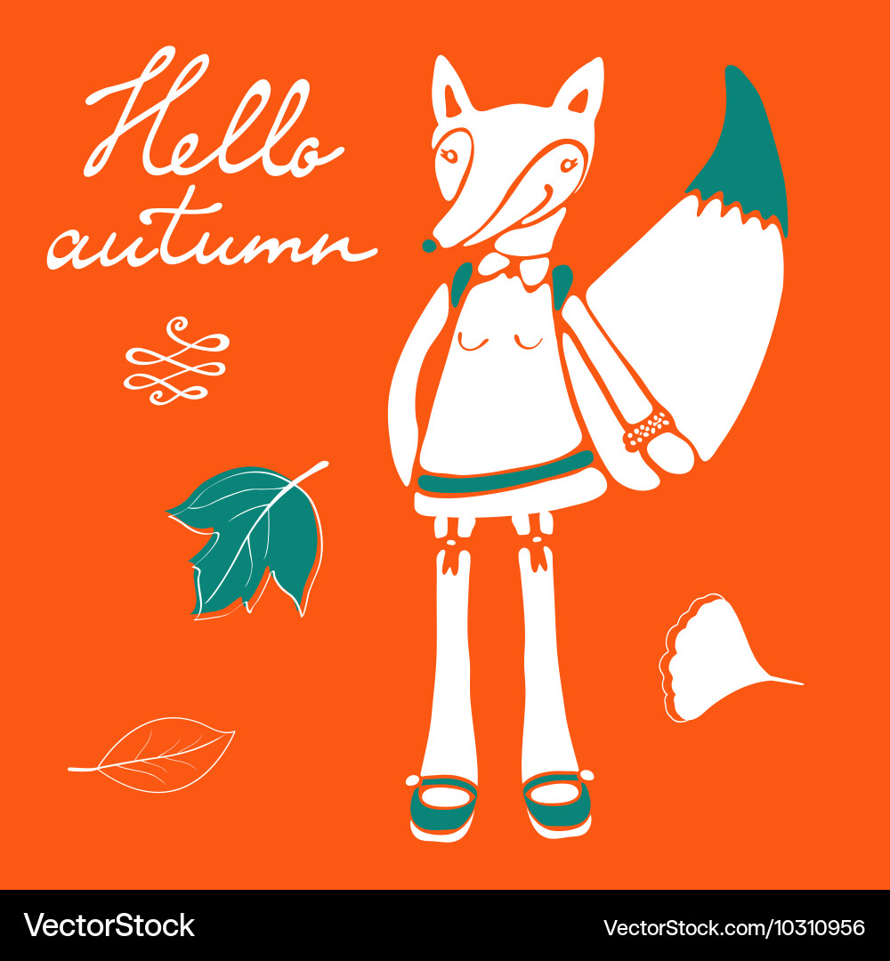 Hello autumn elegant card with cute fox character Vector Image