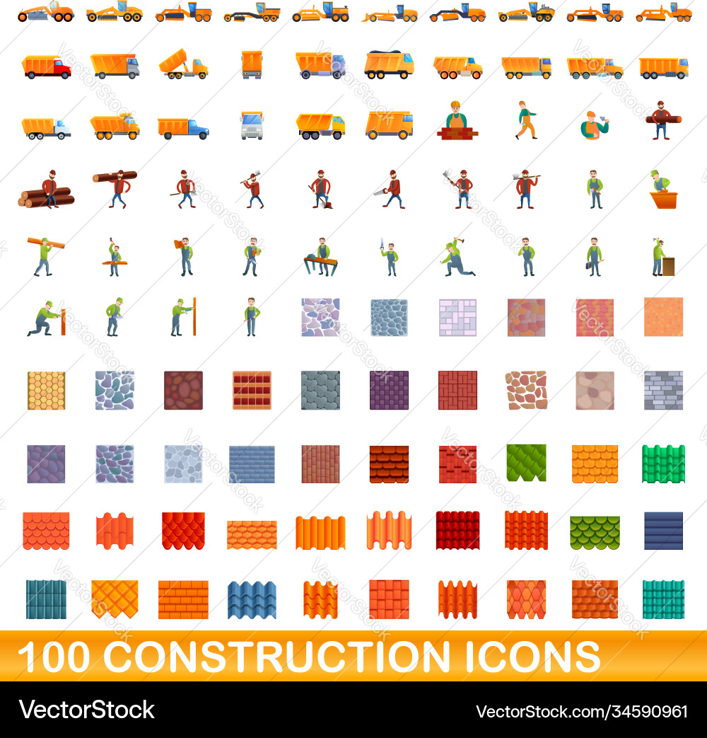 100 construction icons set cartoon style Vector Image