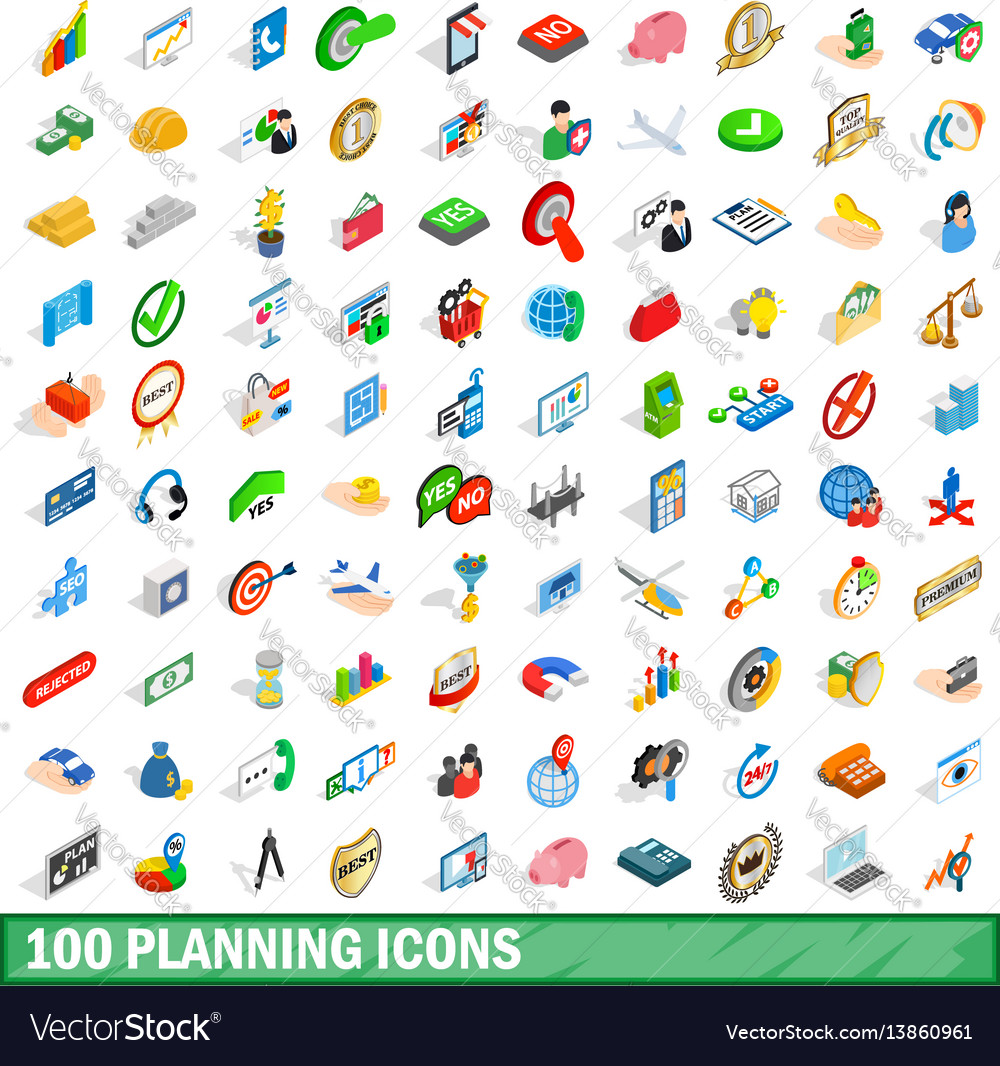 100 planning icons set isometric 3d style Vector Image