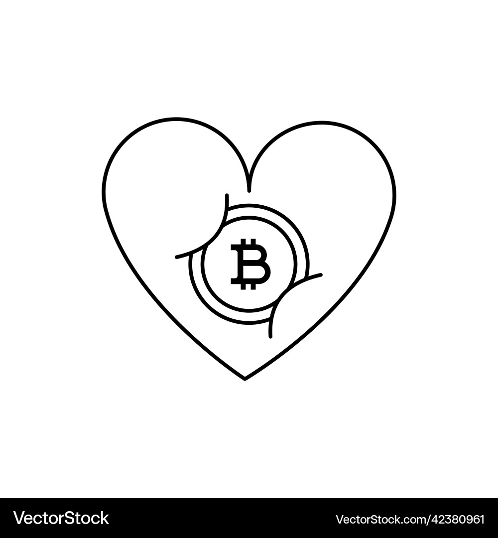 Heart holding bitcoin outline icon on white Vector Image