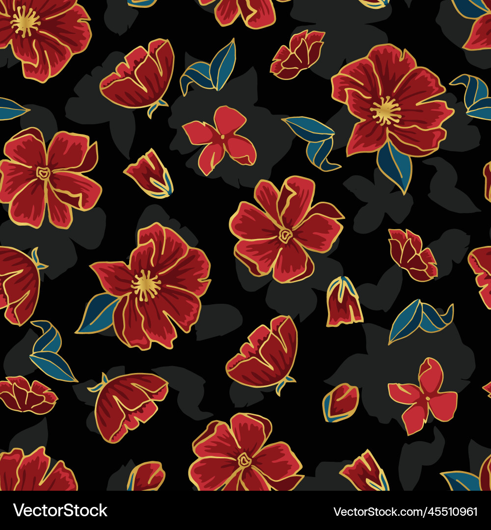 Red flowers with golden outline seamless pattern Vector Image