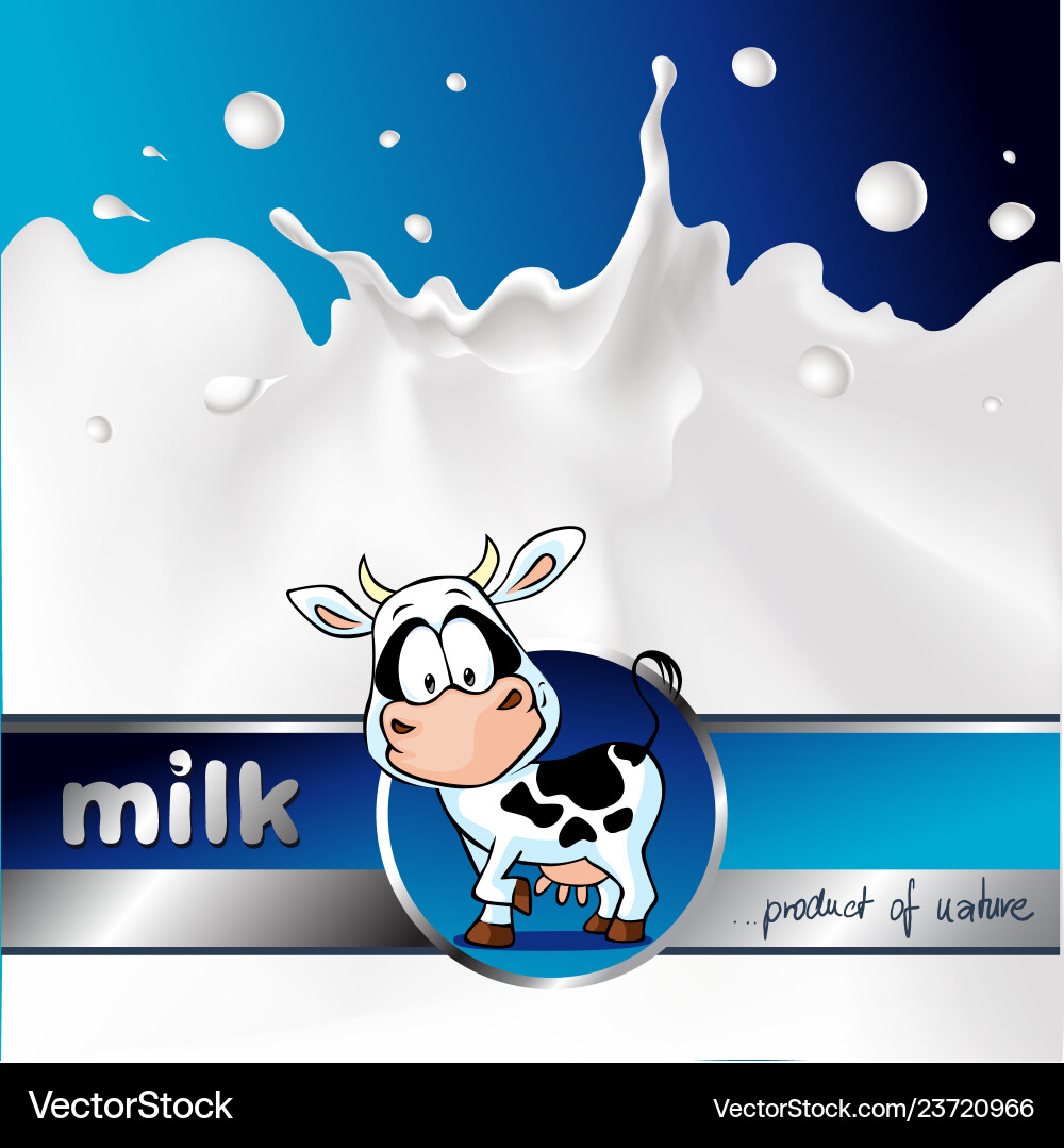 Blue design with cow and milk splash Royalty Free Vector