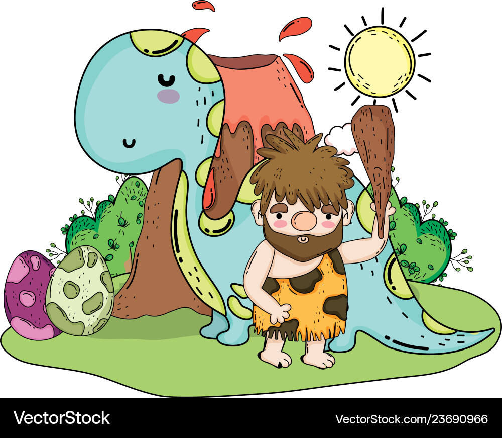 Caveman with dinosaur in landscape and volcano Vector Image