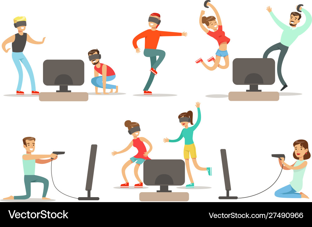 People playing video games and dancing wearing vr Vector Image