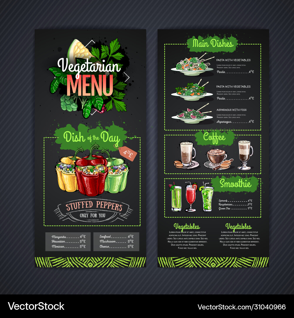 Vegetarian menu design with vegan meals Royalty Free Vector