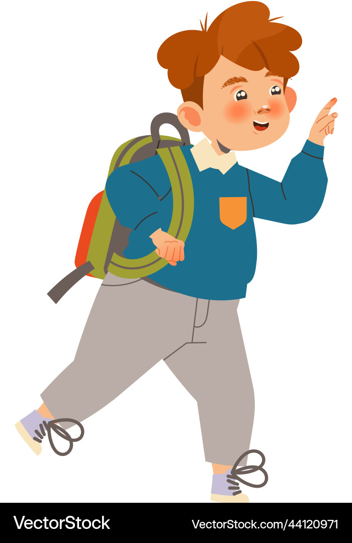 Boy first grader with backpack cheering and having