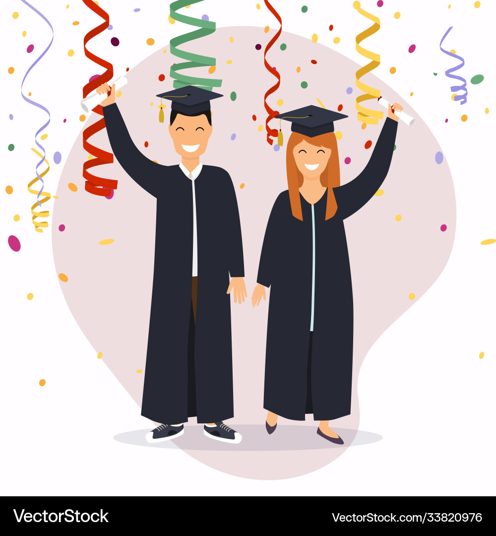 Boy and girl graduates in flat design Royalty Free Vector