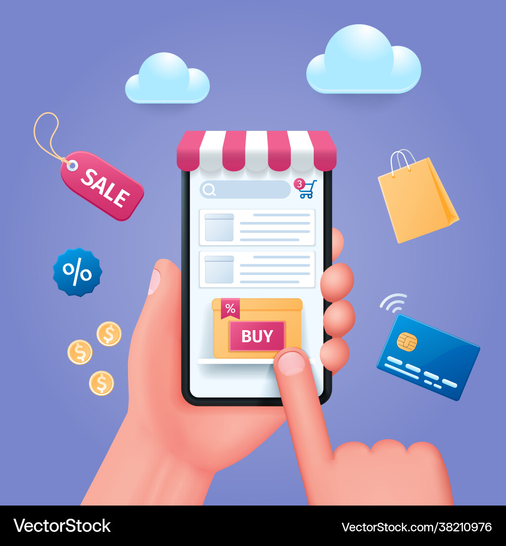 Store on mobile phone screen with striped awning Vector Image