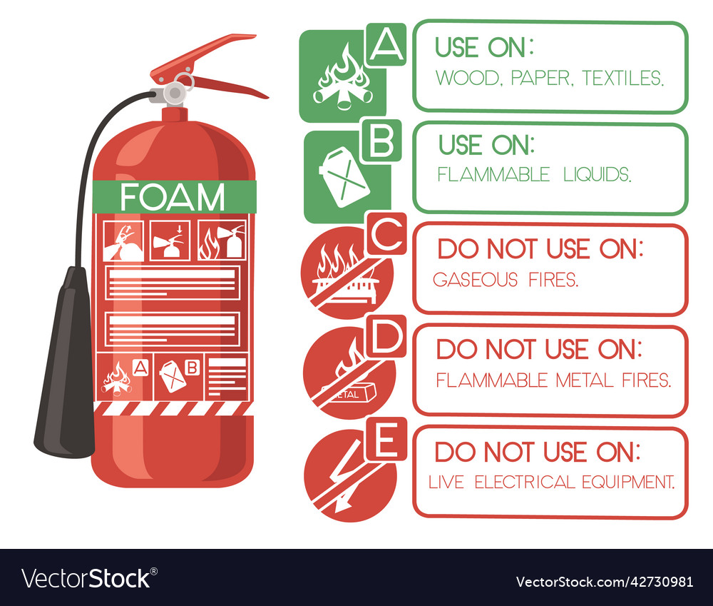 Foam fire extinguisher with safe labels simple Vector Image