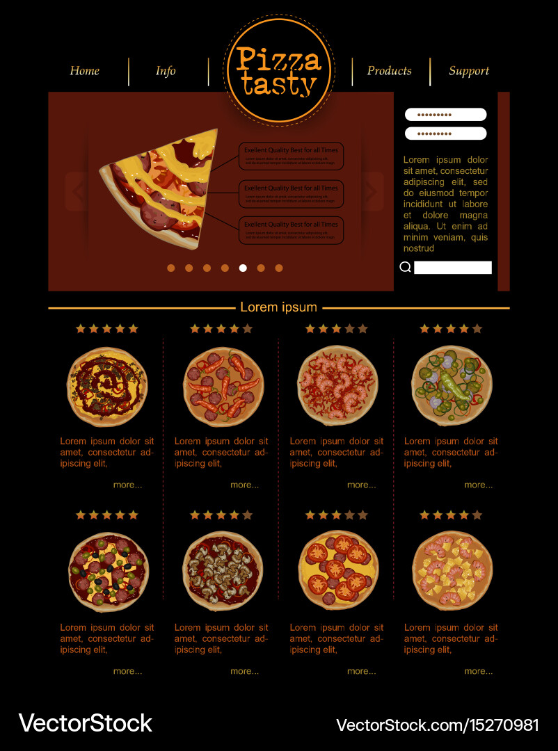 Web site template with varieties of pizza Vector Image